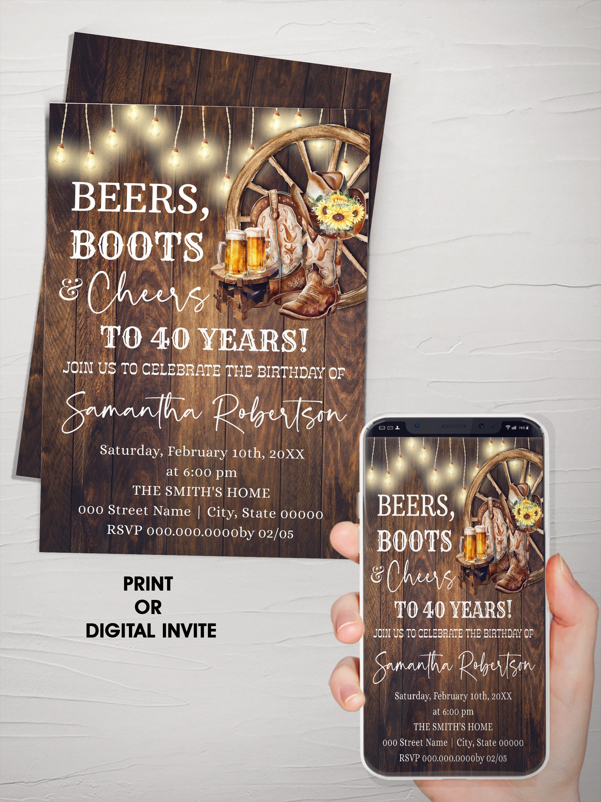 Sunflowers Beer Boots & Cheers Western Birthday Party Invitation, Country Rustic Wood Digital ...