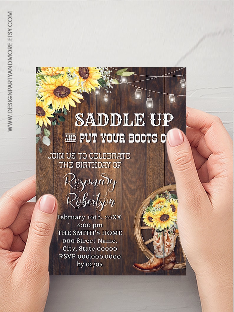 Sunflowers Western Birthday Party Invitation, Rustic Wood Digital ...