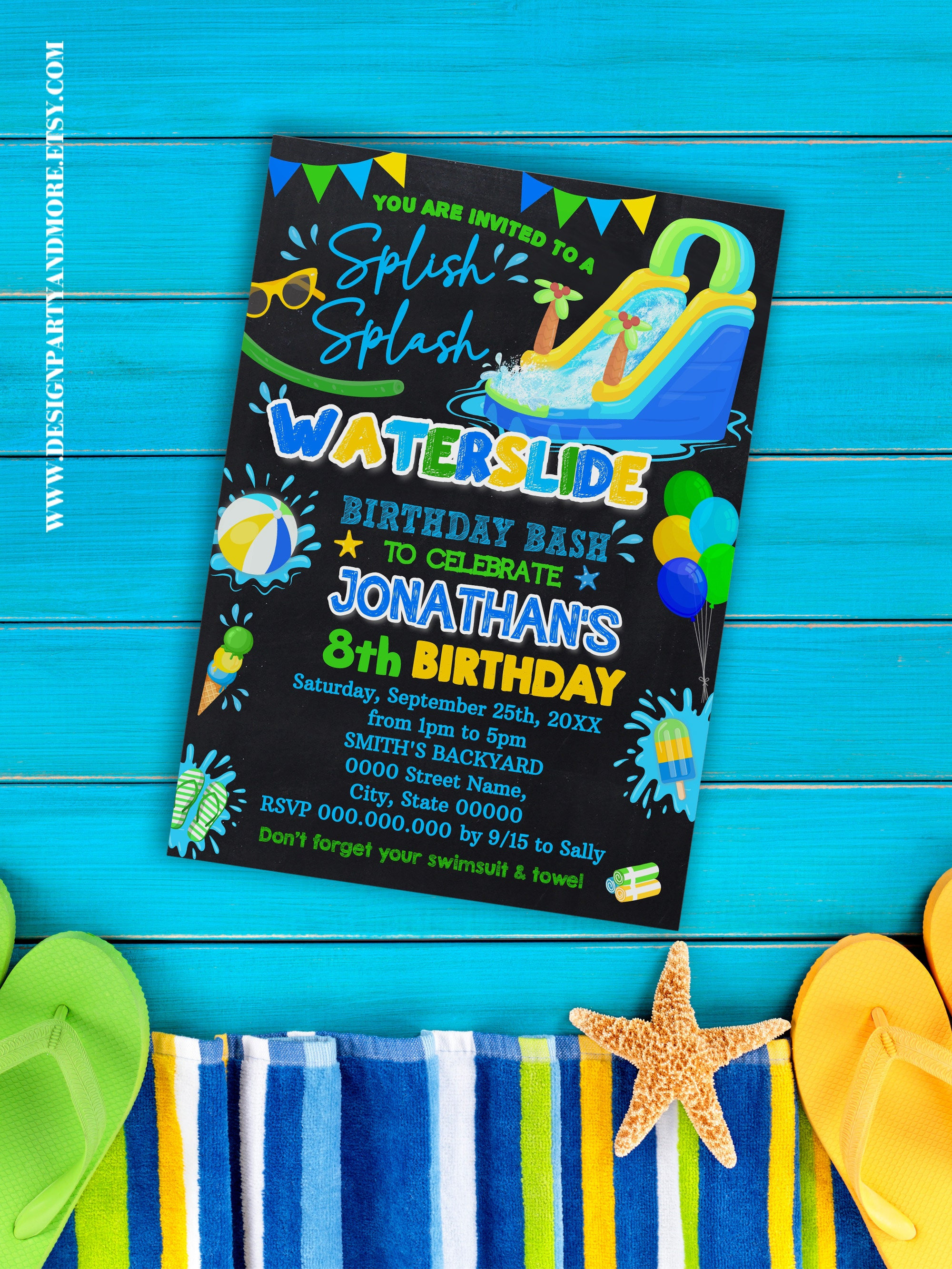 Splish Splash Waterslide Birthday Bash Invitation Water Slide Summer Kids Party Blue Green ...