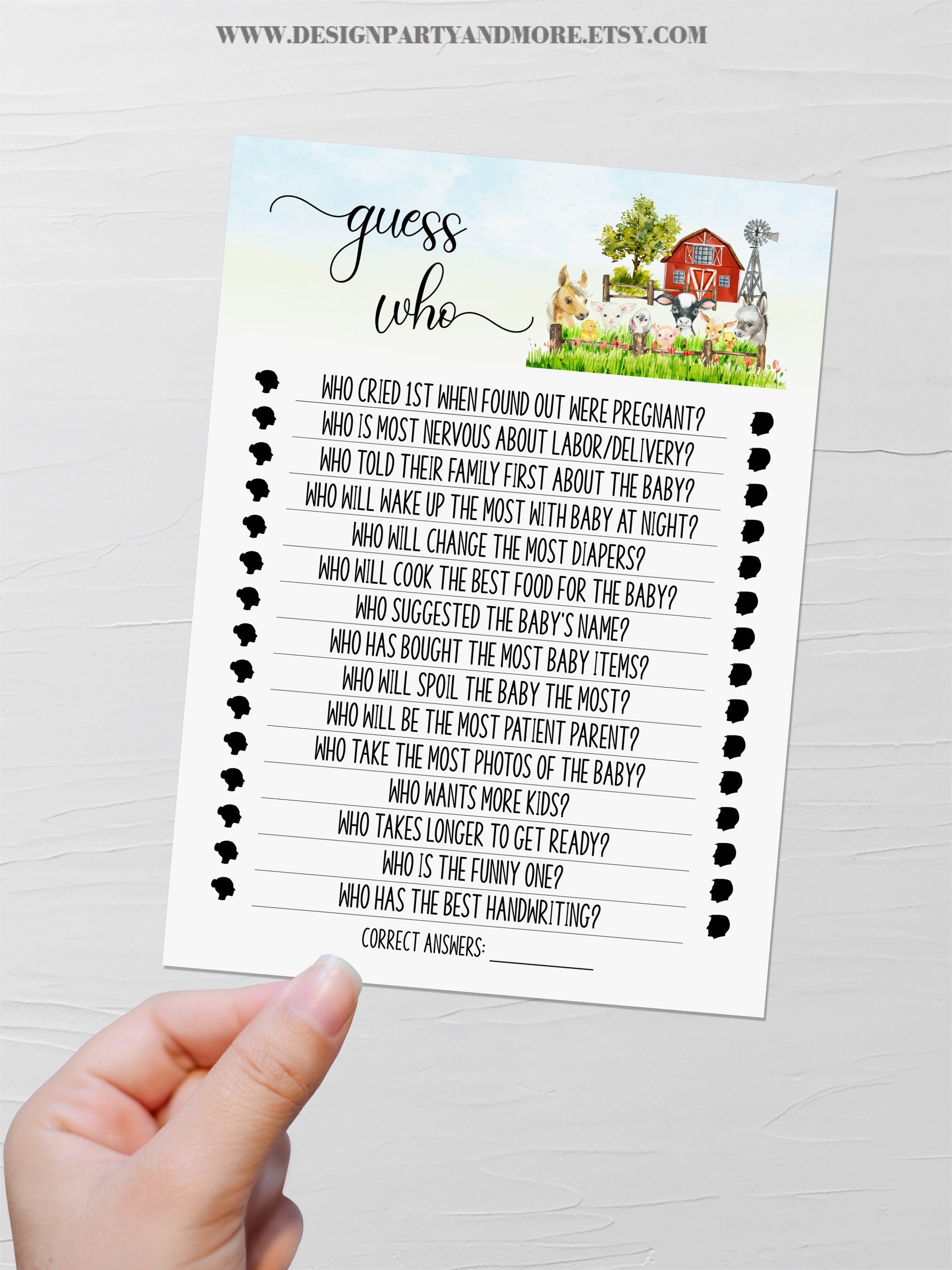 Farm Animals Guess Who Baby Shower Game, Guess Mom or Dad Coed Red Barn ...