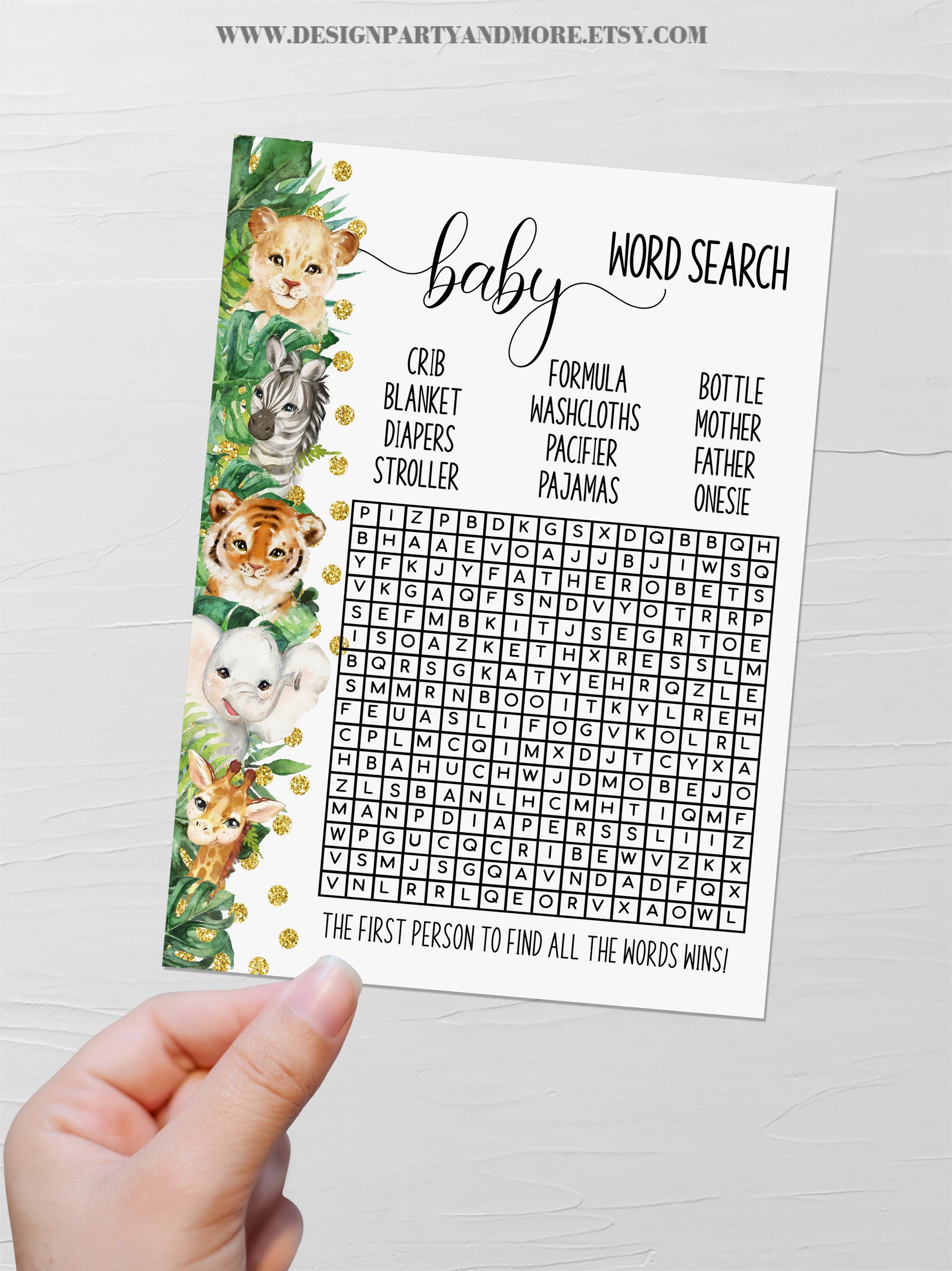 Safari Word Search Baby Shower Game, Find Baby Words Game, Wild One ...