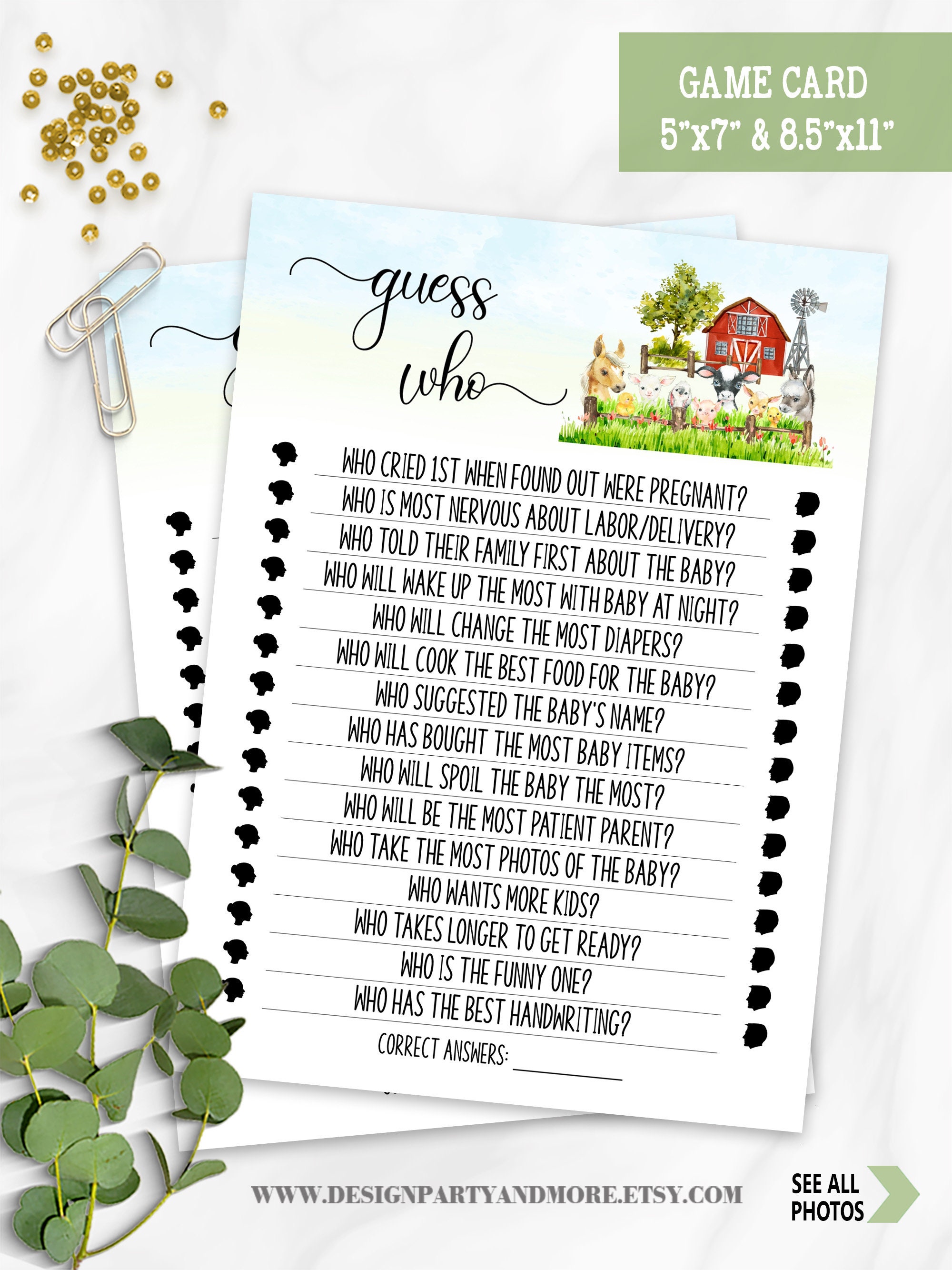 Farm Animals Guess Who Baby Shower Game, Guess Mom or Dad Coed Red Barn ...