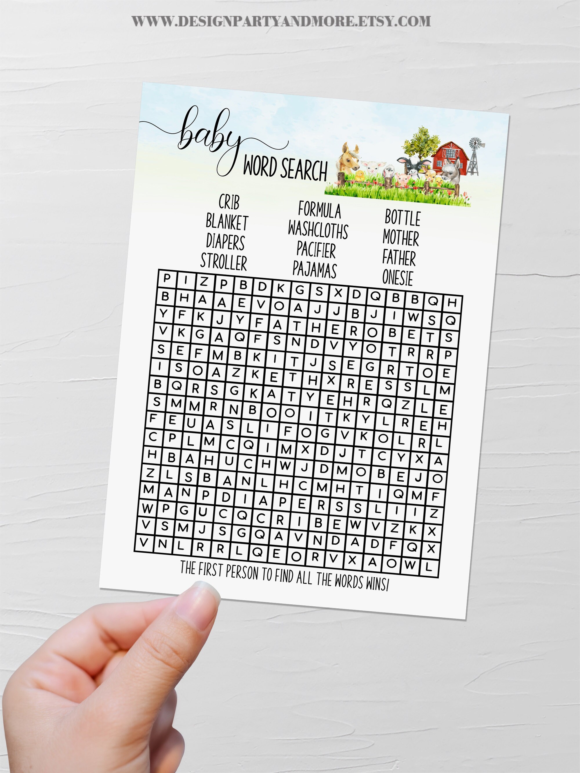 Farm Animals Word Search Baby Shower Game, Find Baby Words Game, Red ...