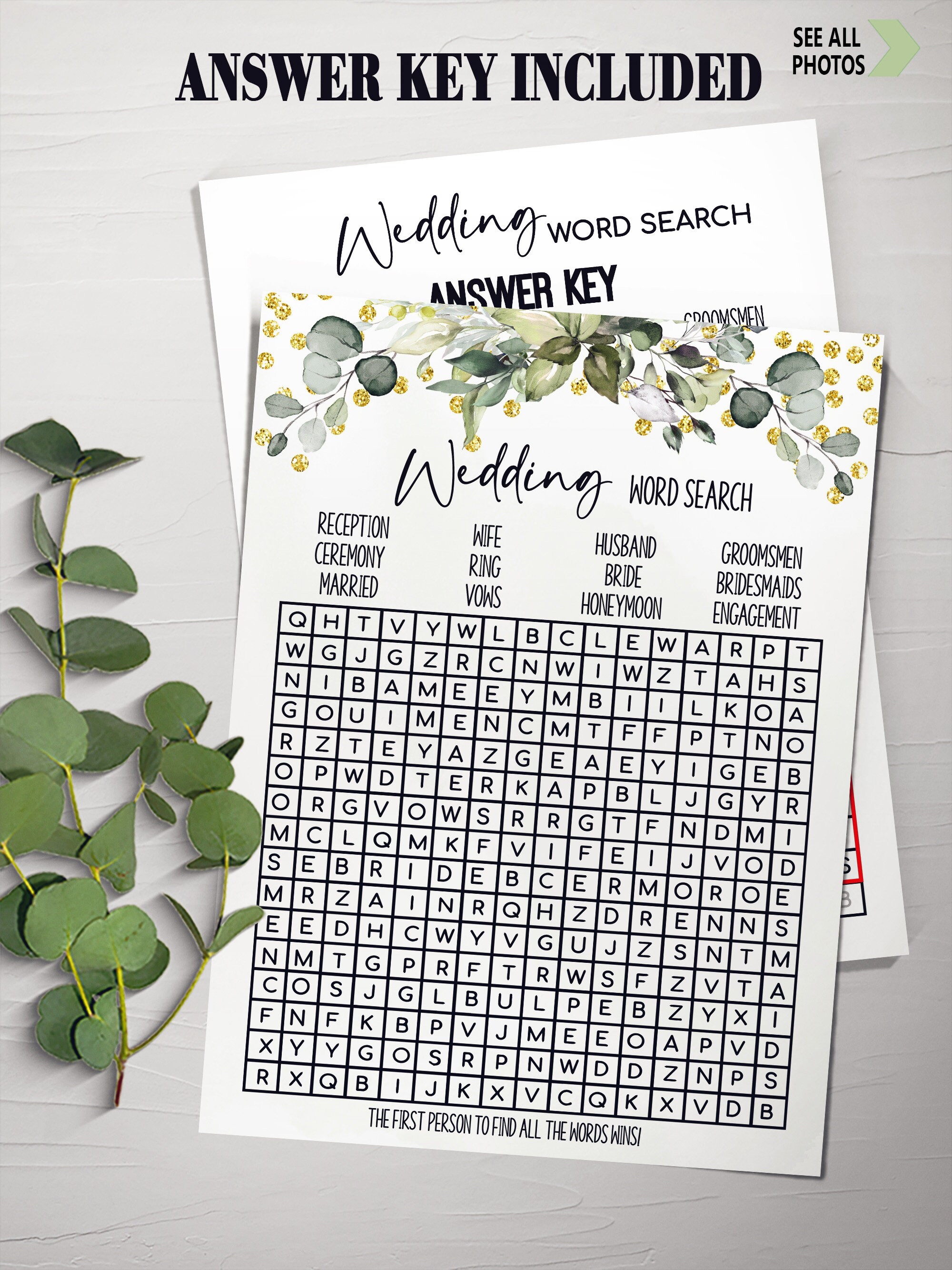 Wedding Word Search Bridal Shower Game, Greenery Gold Eucalyptus Rustic ...