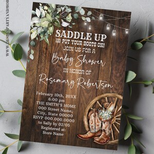 Eucalyptus Western Saddle up Baby Shower Invitation Country Boots ...