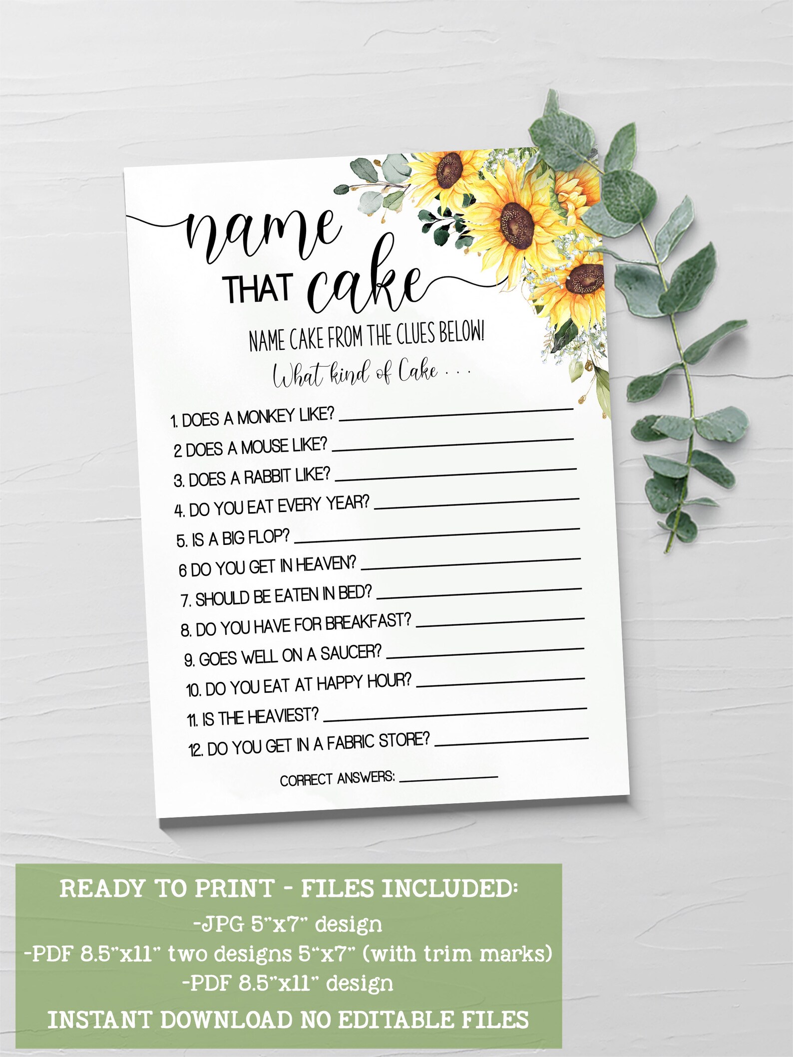 Name That Cake Bridal Shower Game, Guess the Cake Name, Sunflowers Greenery Country Chic Wedding ...