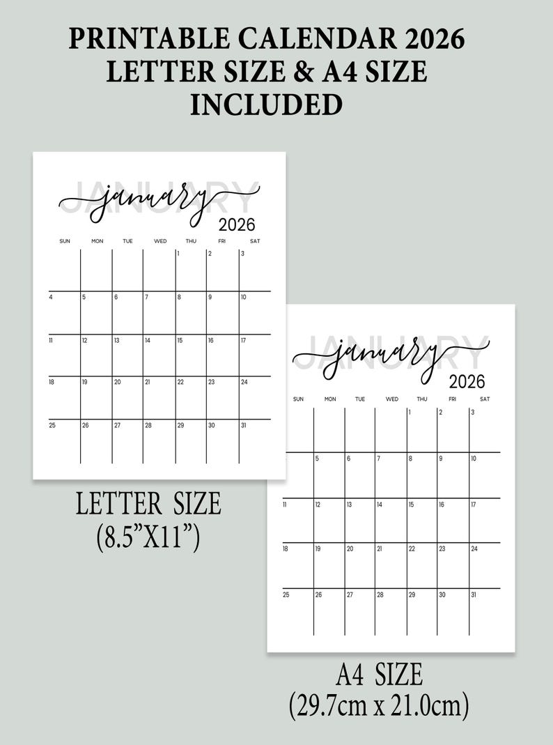 Minimalist 2026 Calendar Portrait Letter & A4, Monthly Pages and Year ...