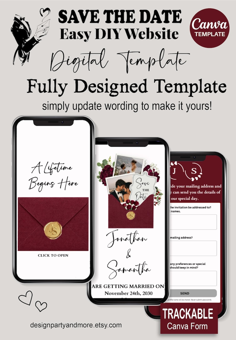 Old Money Burgundy Elegant Save the Date Digital Invitation Marsala ...