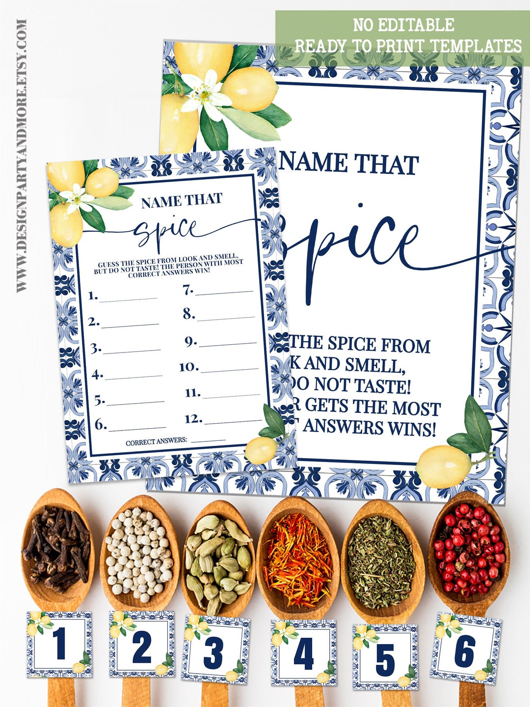 Name That Spice Bridal Shower Game, Blue Mediterranean Lemons Bridal ...