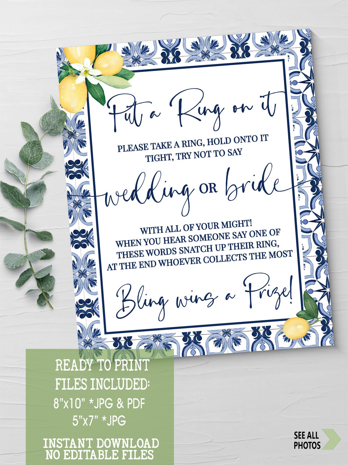 Blue Mediterranean Lemons Bridal Shower Game: Put a Ring on It ...