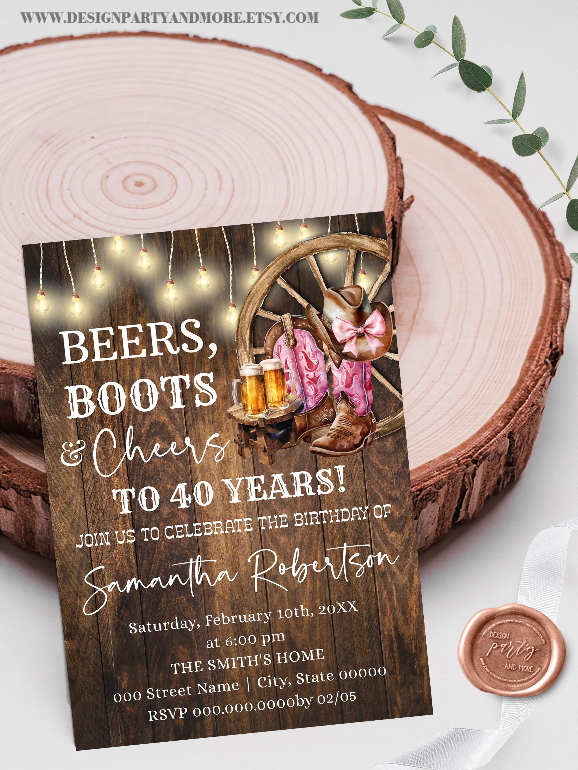 Pink Western Beer Boots & Cheers Birthday Party Invitation, Country Rustic Wood Cowgirl Digital ...