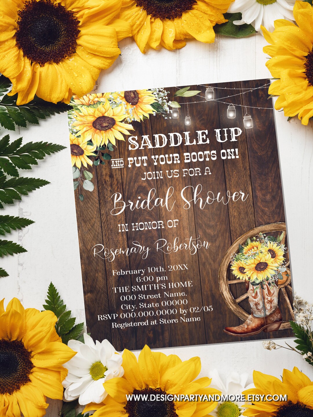 Sunflowers Western Bridal Shower Invitation, Rustic Wood Digital Invite ...