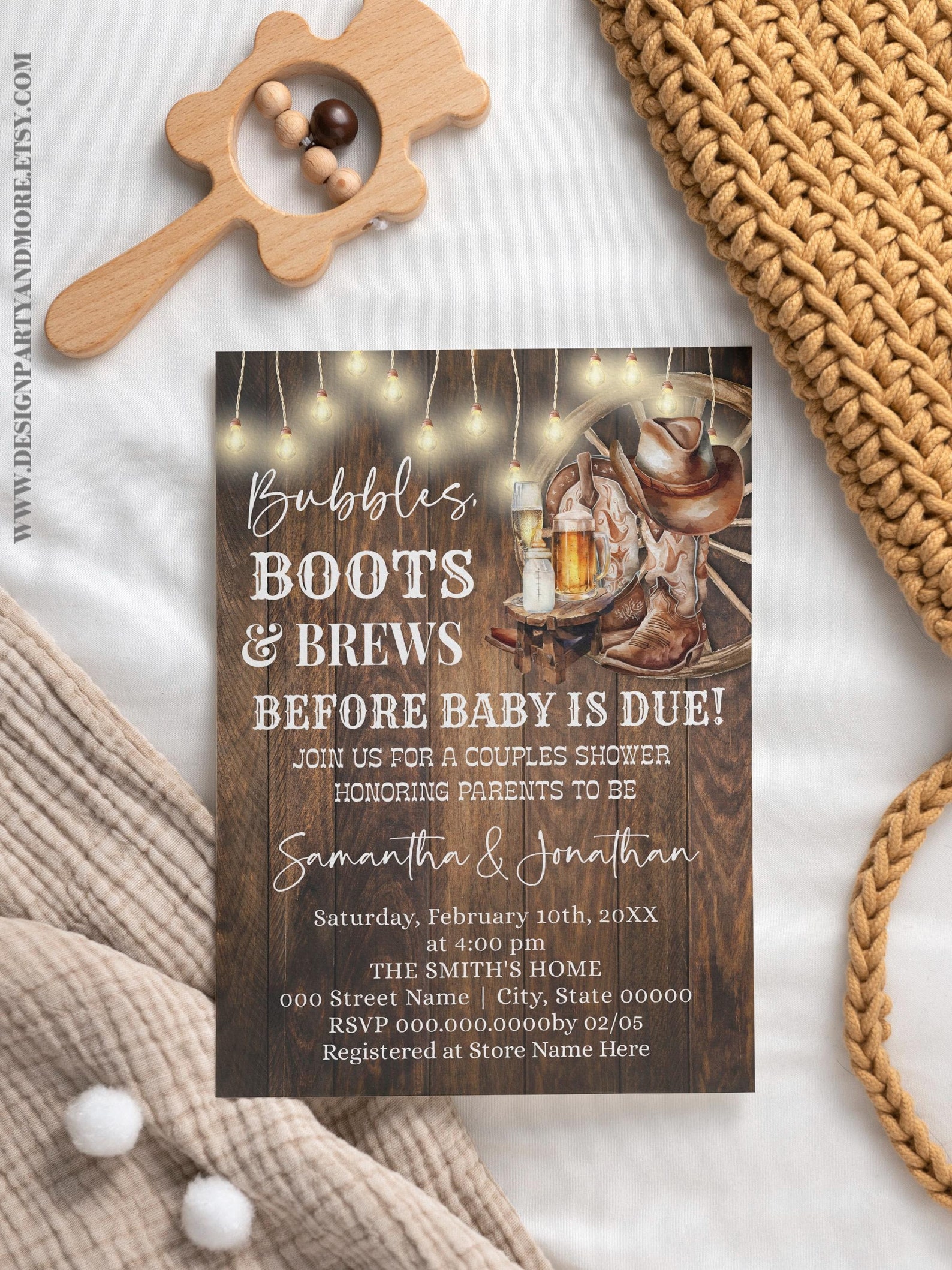 Bubbles Boots & Brews Before Baby is Due Western Baby Shower Invitation ...