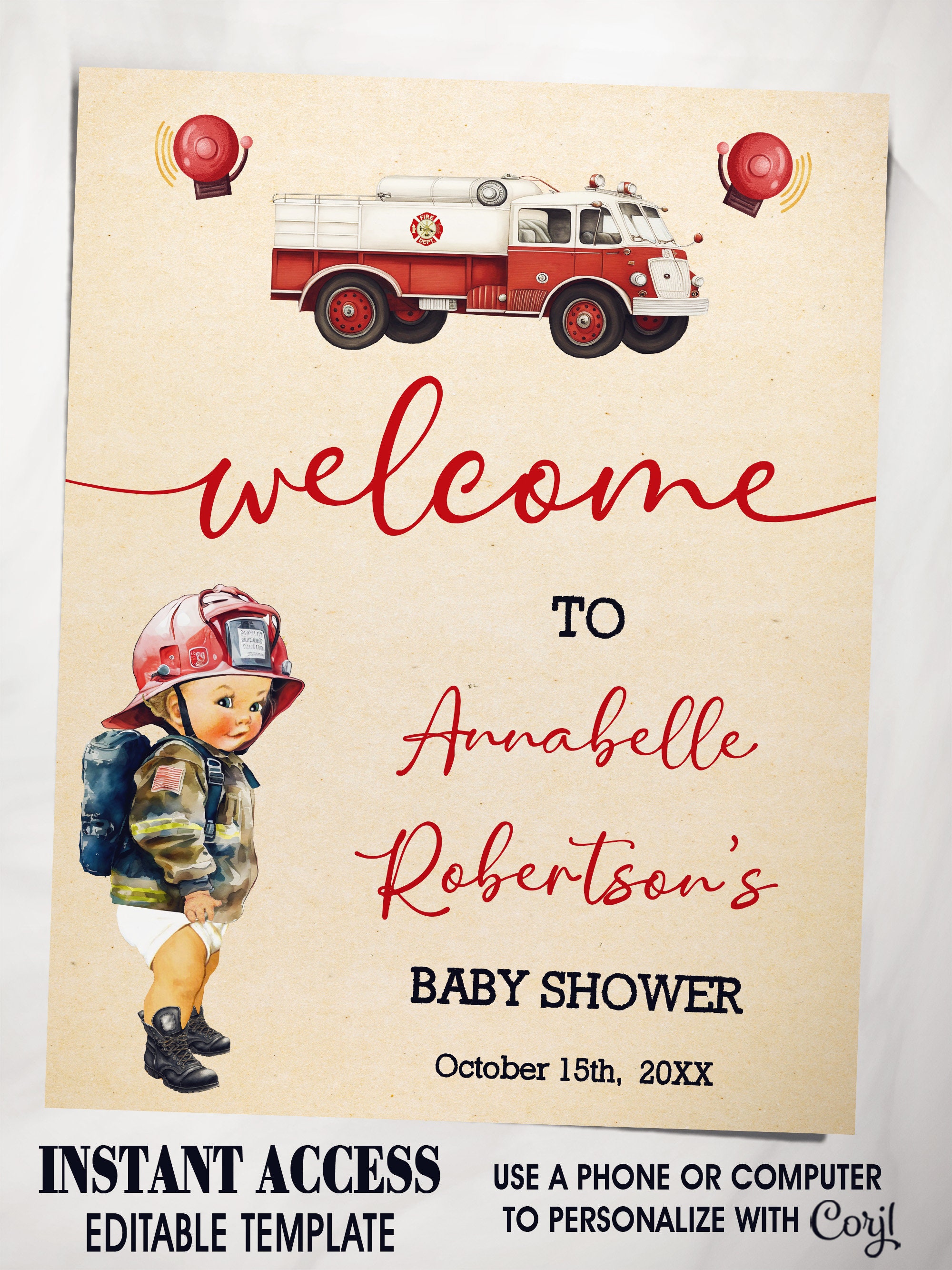 Little Fireman Baby Shower Welcome Sign, Little Firefighter Firetruck ...