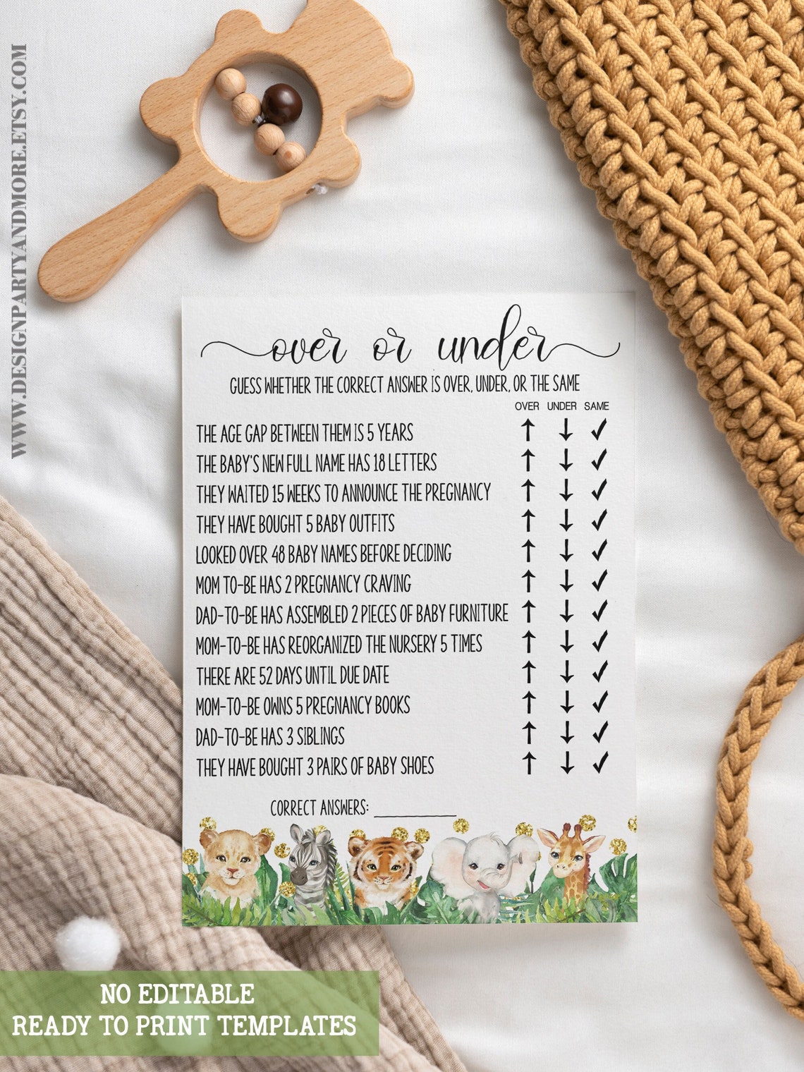 Safari Over or Under Baby Shower Game, Tropical Jungle Baby Couples ...