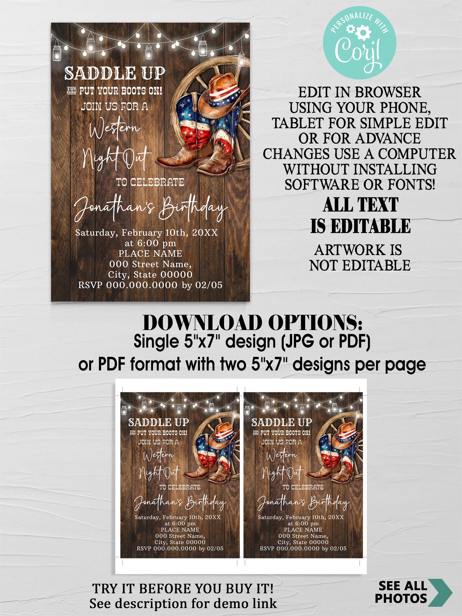 Patriotic Western Night Out Birthday Party Invitation, Saddle up Put ...