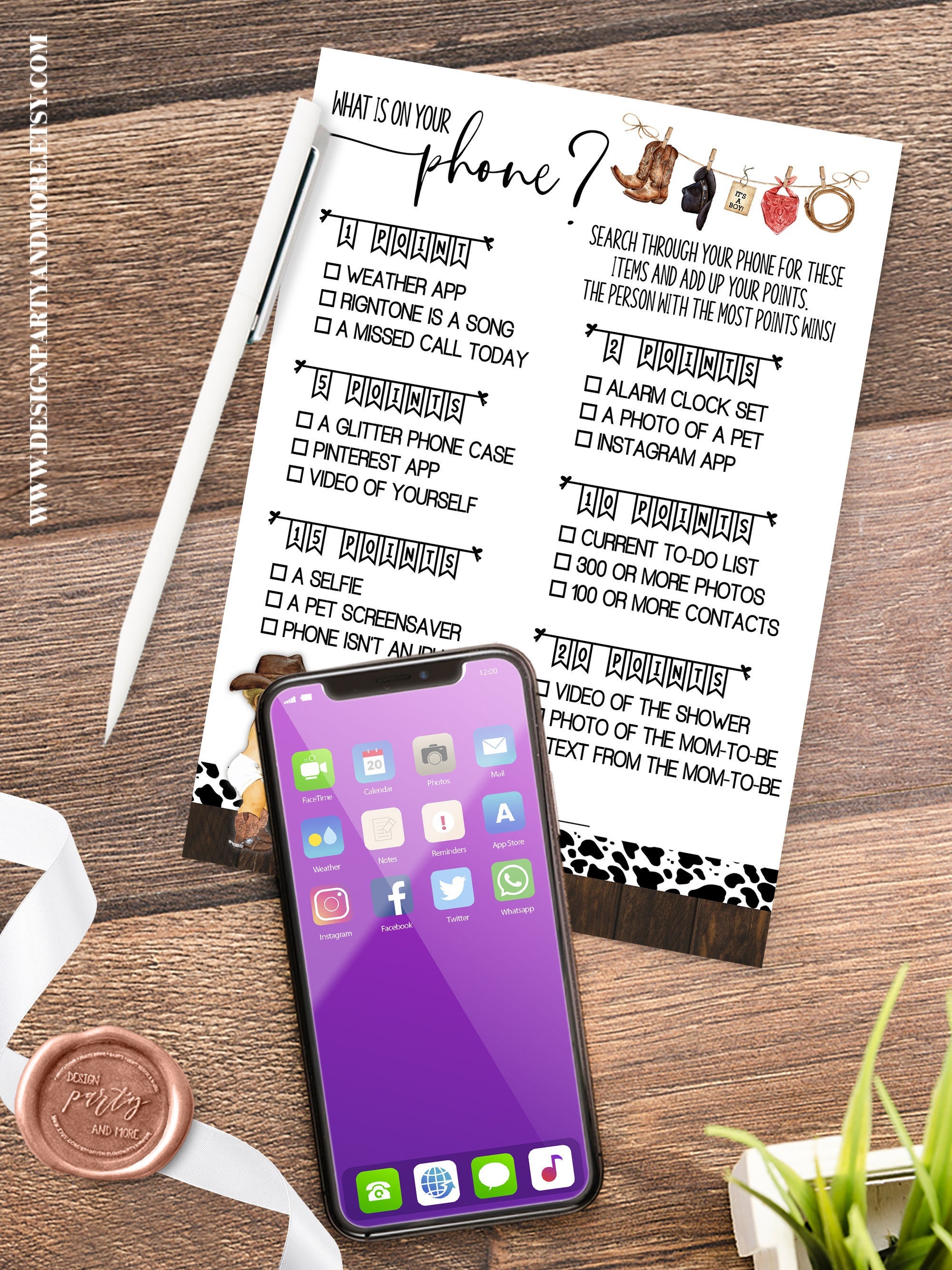 Cowboy What is on Your Phone Baby Shower Game, Cow Country Western Chic ...