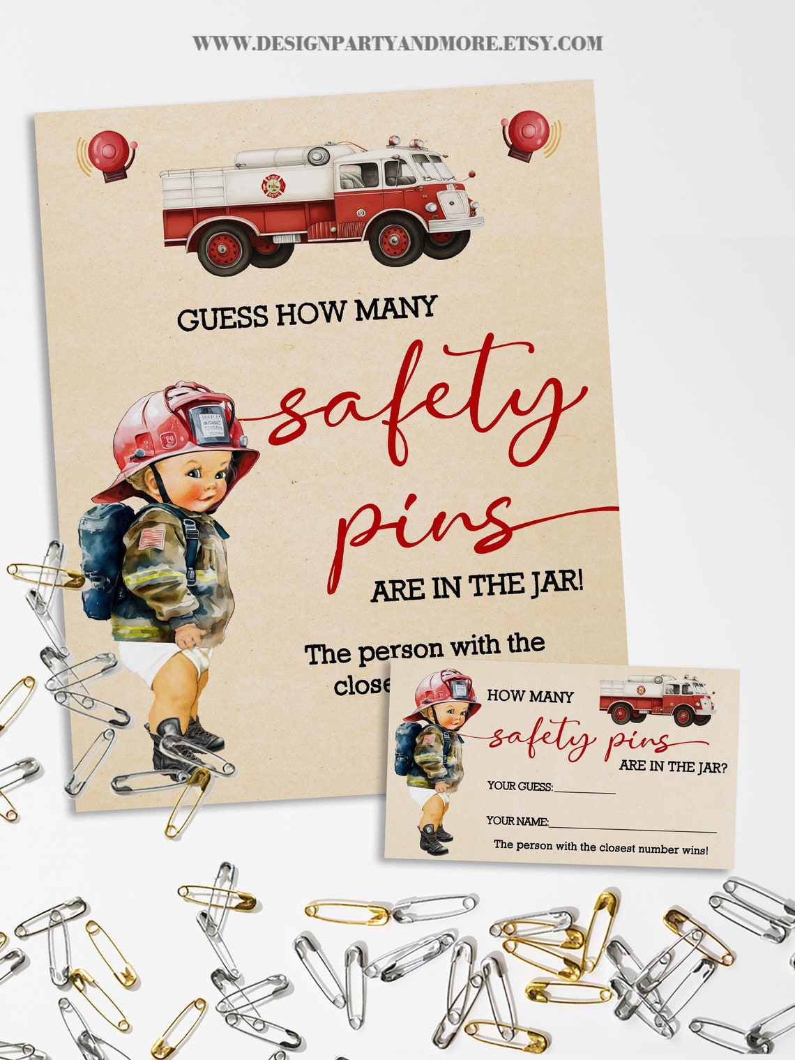 Little Firefighter Guess How Many Safety Pins Baby Shower Game, Fireman ...