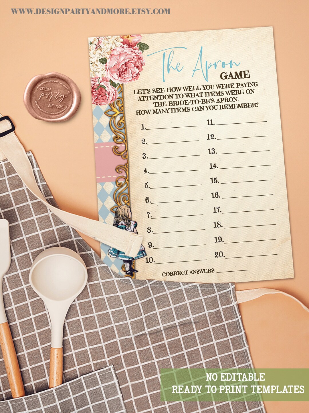 The Apron Game Bridal Shower, Memory Bridal Game, Alice in Wonderland ...