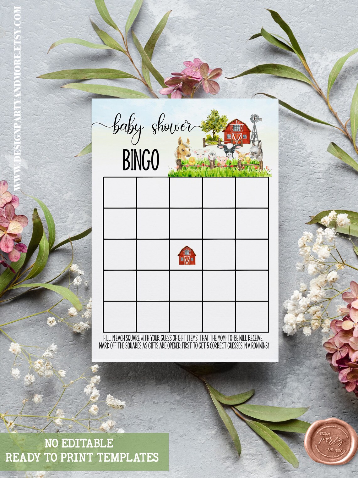 Farm Animals Bingo Baby Shower Game, Red Barn Shower, Ranch Animals ...