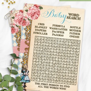 Word Search Baby Shower Game, Find Baby Words Game, Alice in Wonderland ...