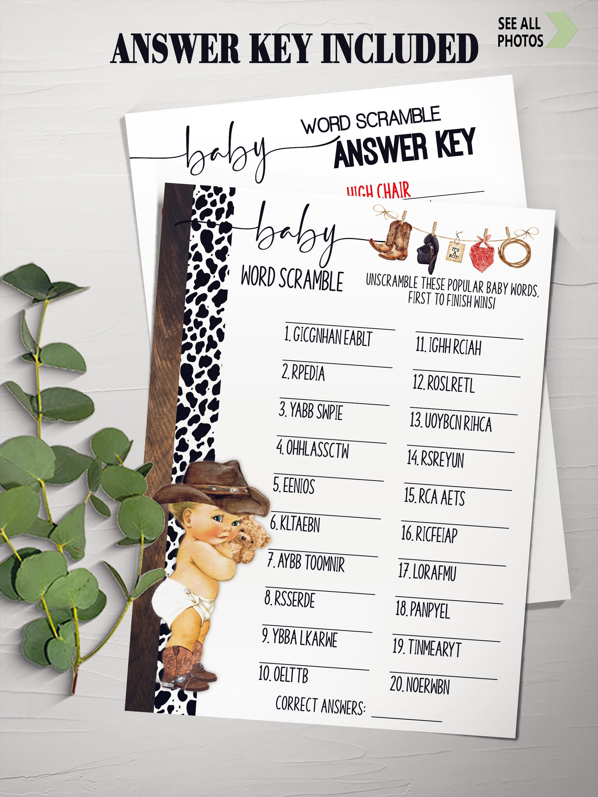 Cowboy Baby Word Scramble Baby Shower Game, Cow Country Western Chic ...