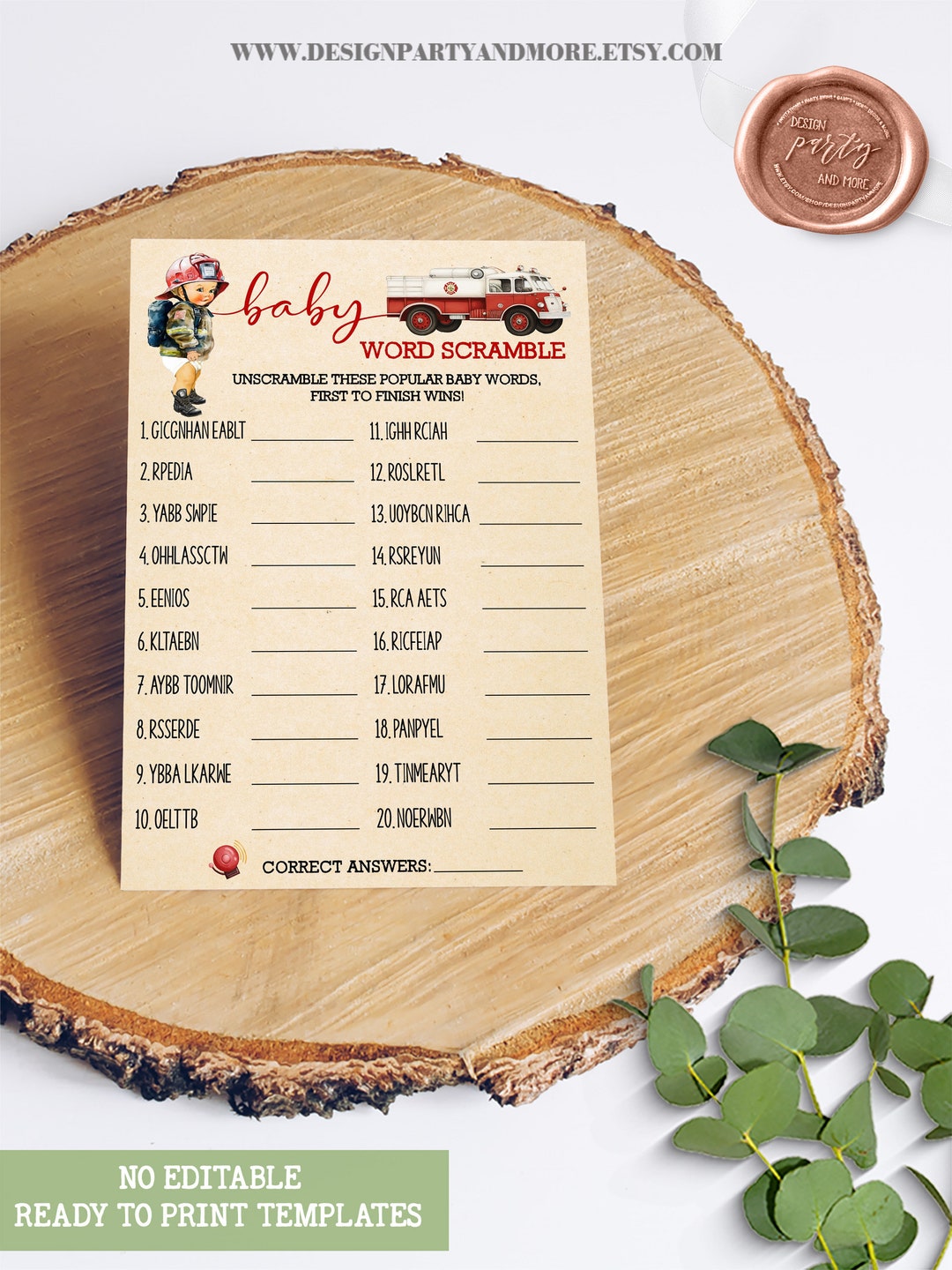 Little Firefighter Baby Word Scramble Baby Shower Game Fireman Fire ...