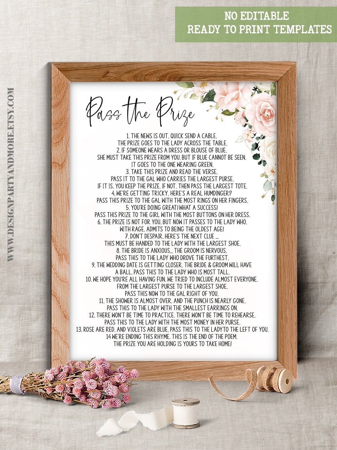 Pass the Prize Bridal Shower, Pass the Prize Poem, Pink Flowers Boho ...