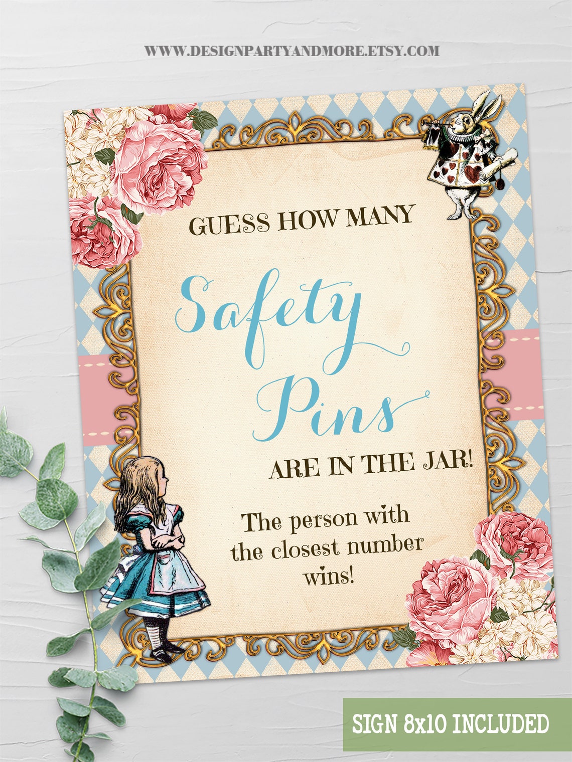 Alice in Wonderland Baby Shower Game: Guess How Many Safety Pins ...