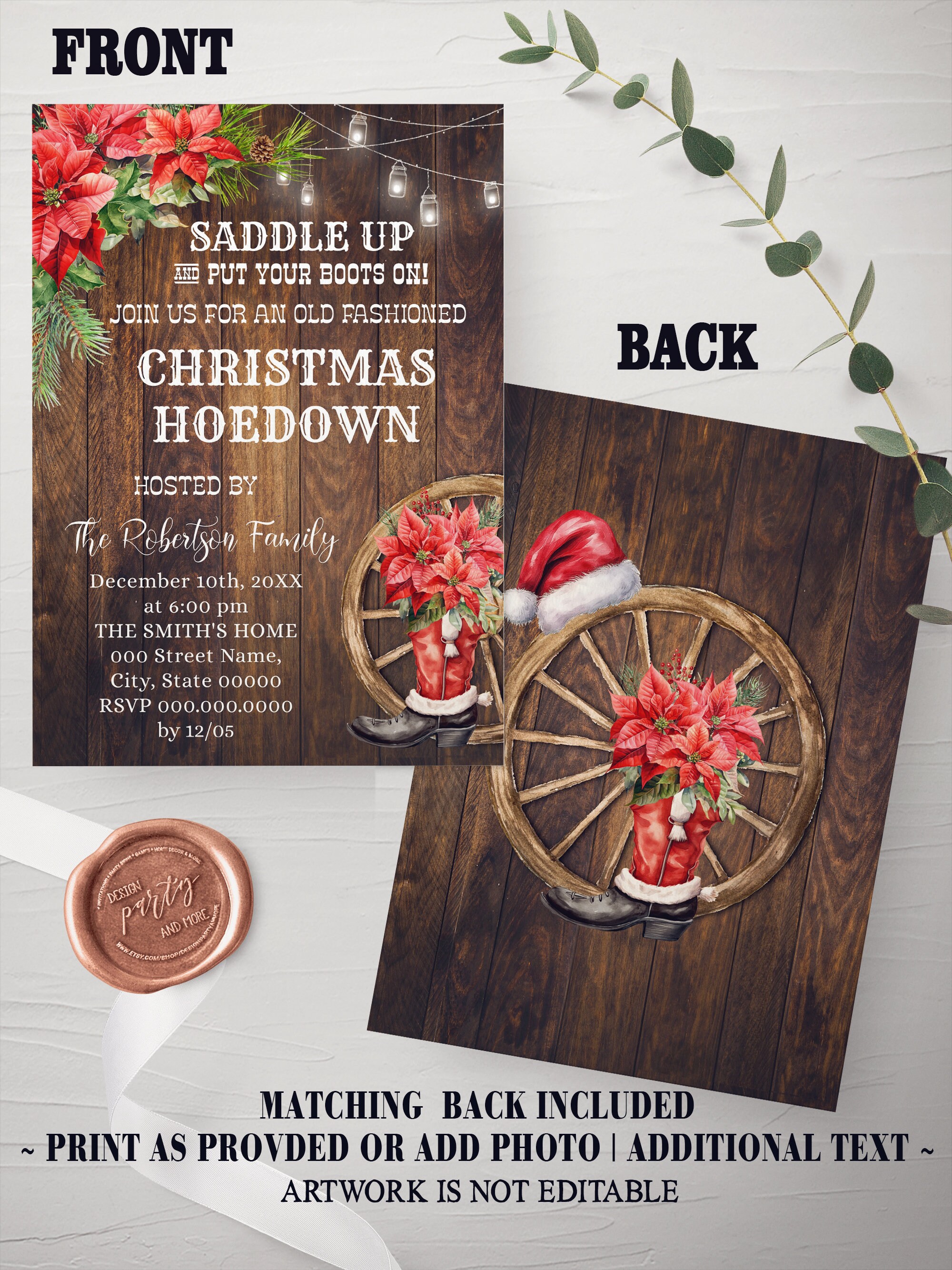 Western Christmas Party Invitation, Poinsettia Rustic Digital Invite ...