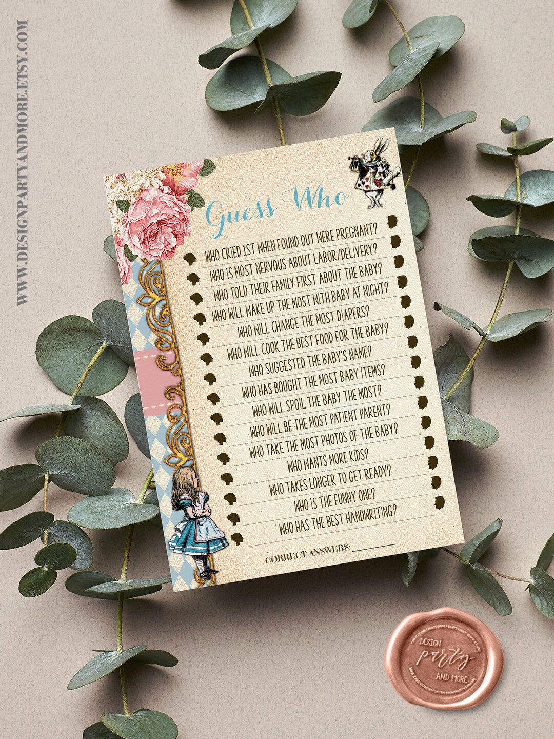 Alice in Wonderland Baby Shower Game: Guess Who (printable) 03BG-1500 ...