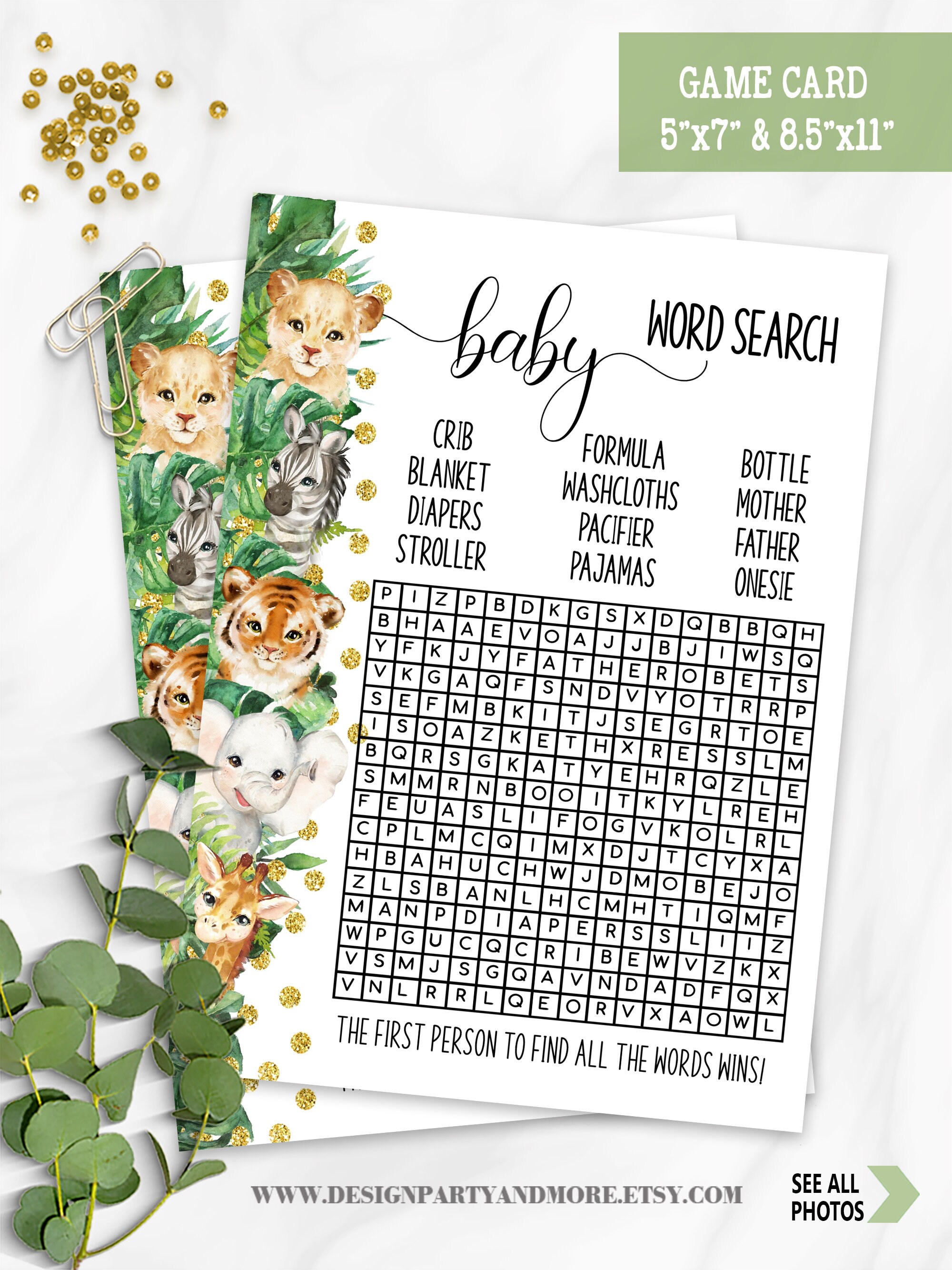 Safari Word Search Baby Shower Game, Find Baby Words Game, Wild One ...