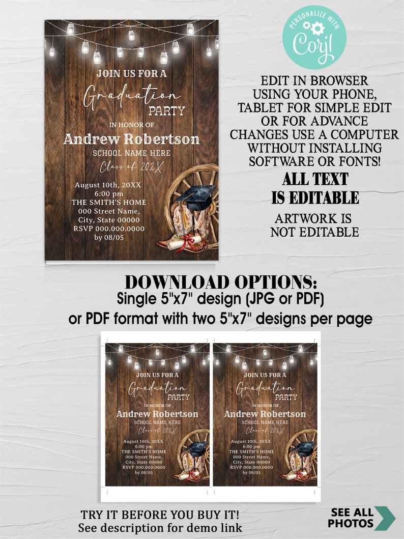 Western Graduation Party Invitation Country Rustic Wood Digital Invite ...
