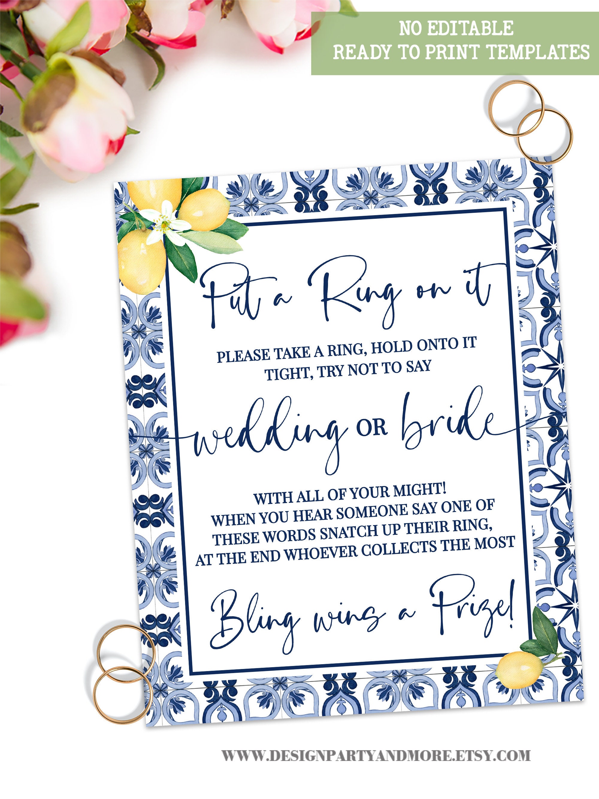 Blue Mediterranean Lemons Bridal Shower Game: Put a Ring on It ...