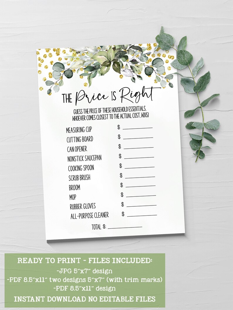 Guess the Right Price Bridal Shower Game the Price is Right Greenery ...