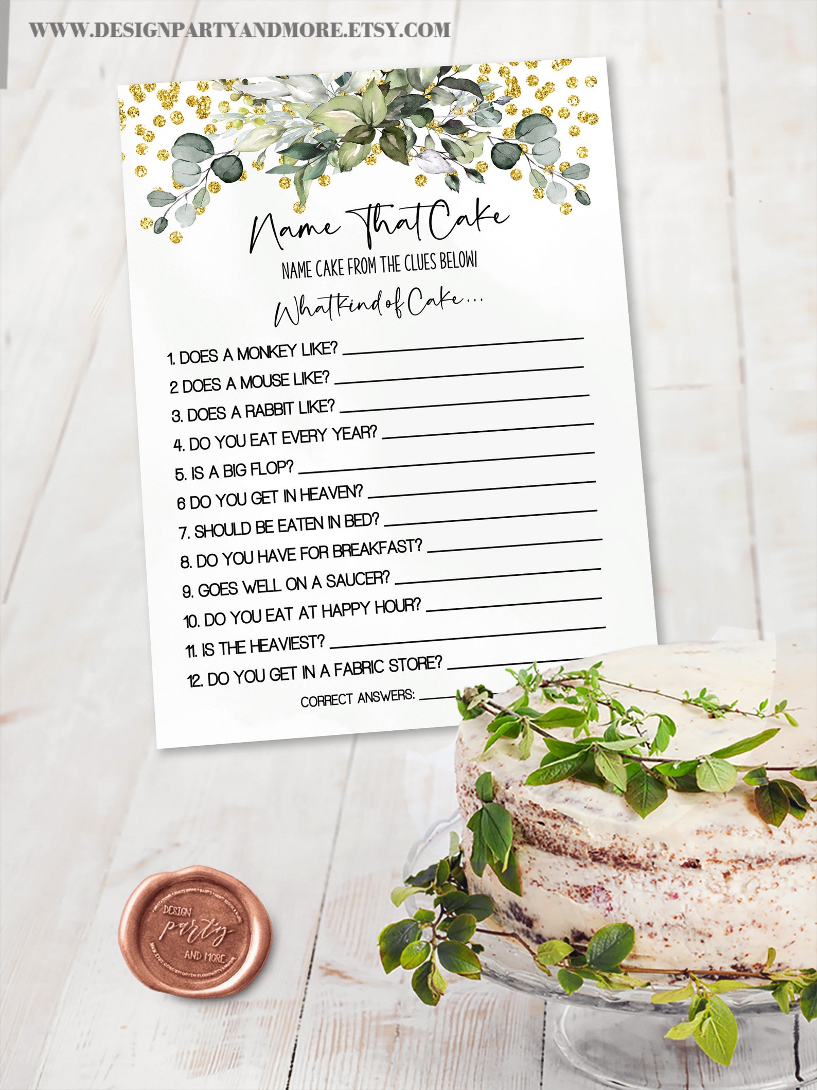 Name That Cake Bridal Shower Game, Guess the Cake Name Game Greenery Gold Eucalyptus Rustic ...