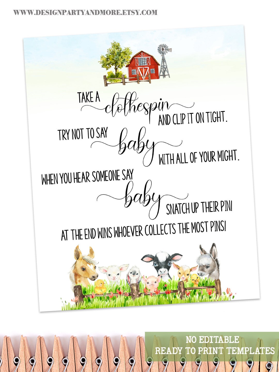 Farm Animals Don't Say Baby Game Clothespin Baby Shower Game Ranch ...