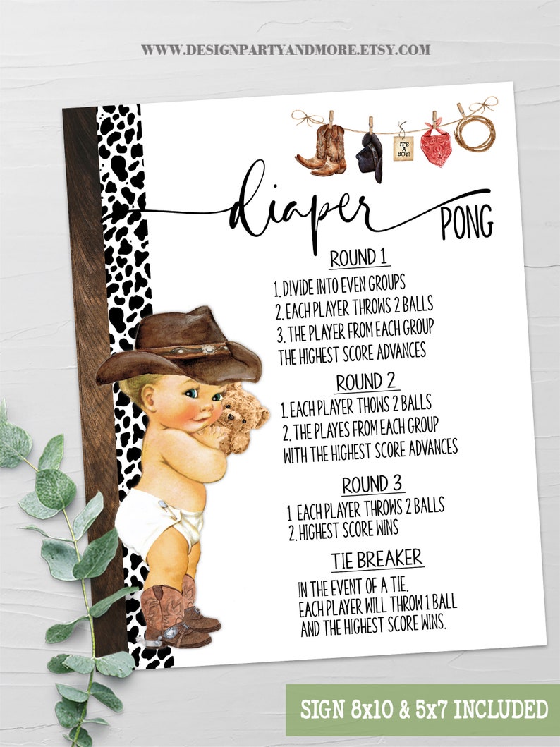 Cowboy Diaper Pong Baby Shower Game, Cow Country Western Chic Cowboy ...