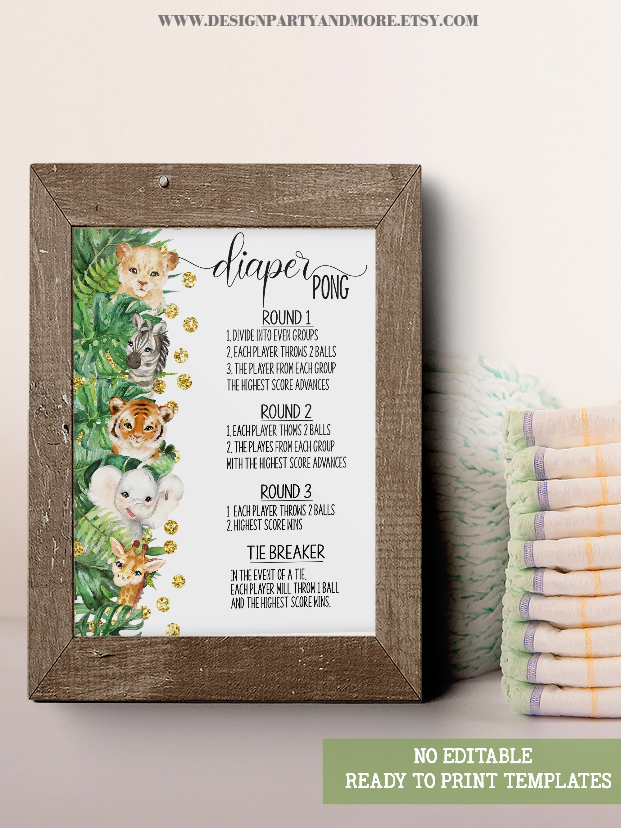 Safari Diaper Pong Baby Shower Game, Wild One Tropical Jungle Baby ...