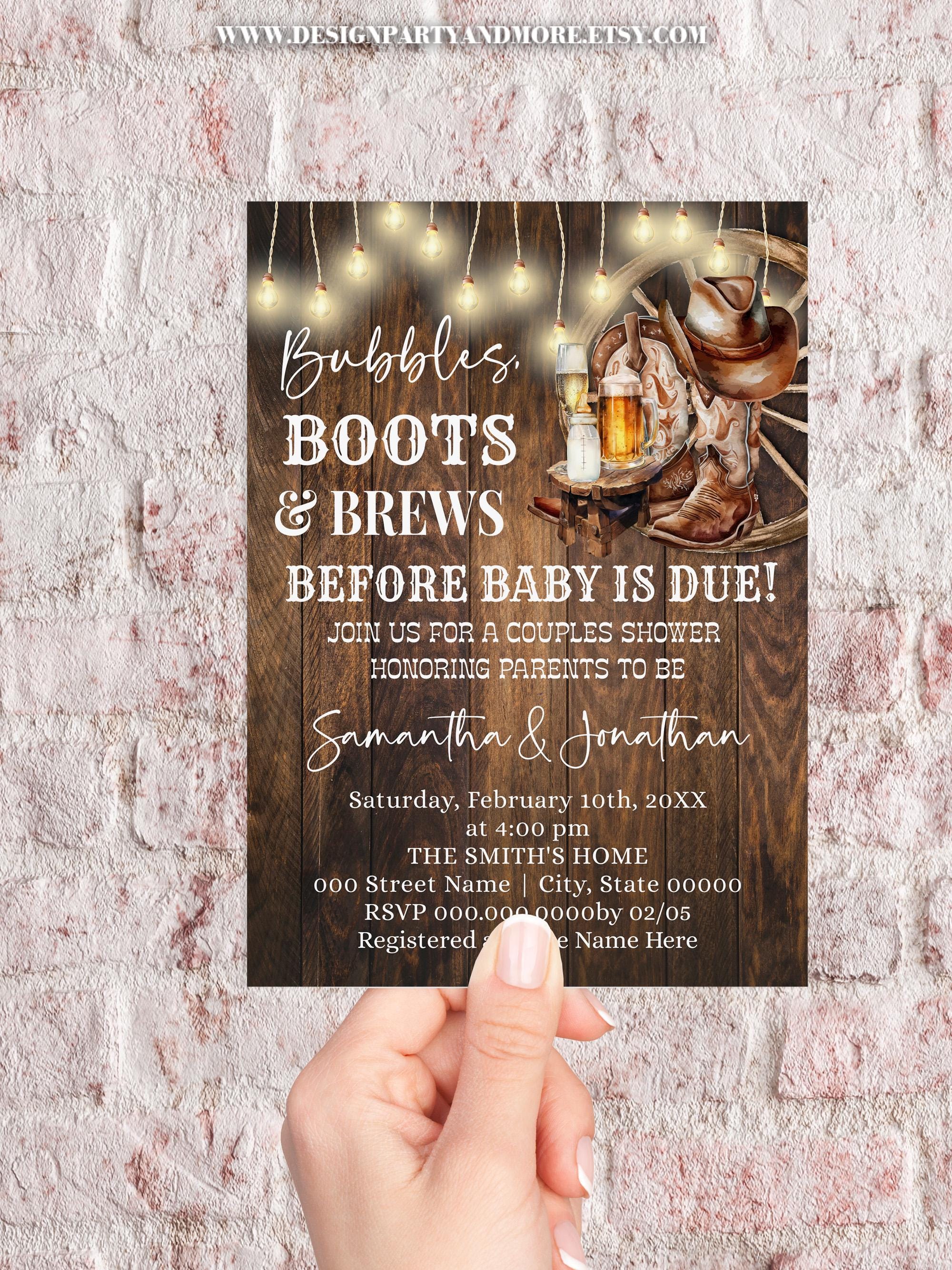 Bubbles Boots & Brews Before Baby is Due Western Baby Shower Invitation ...