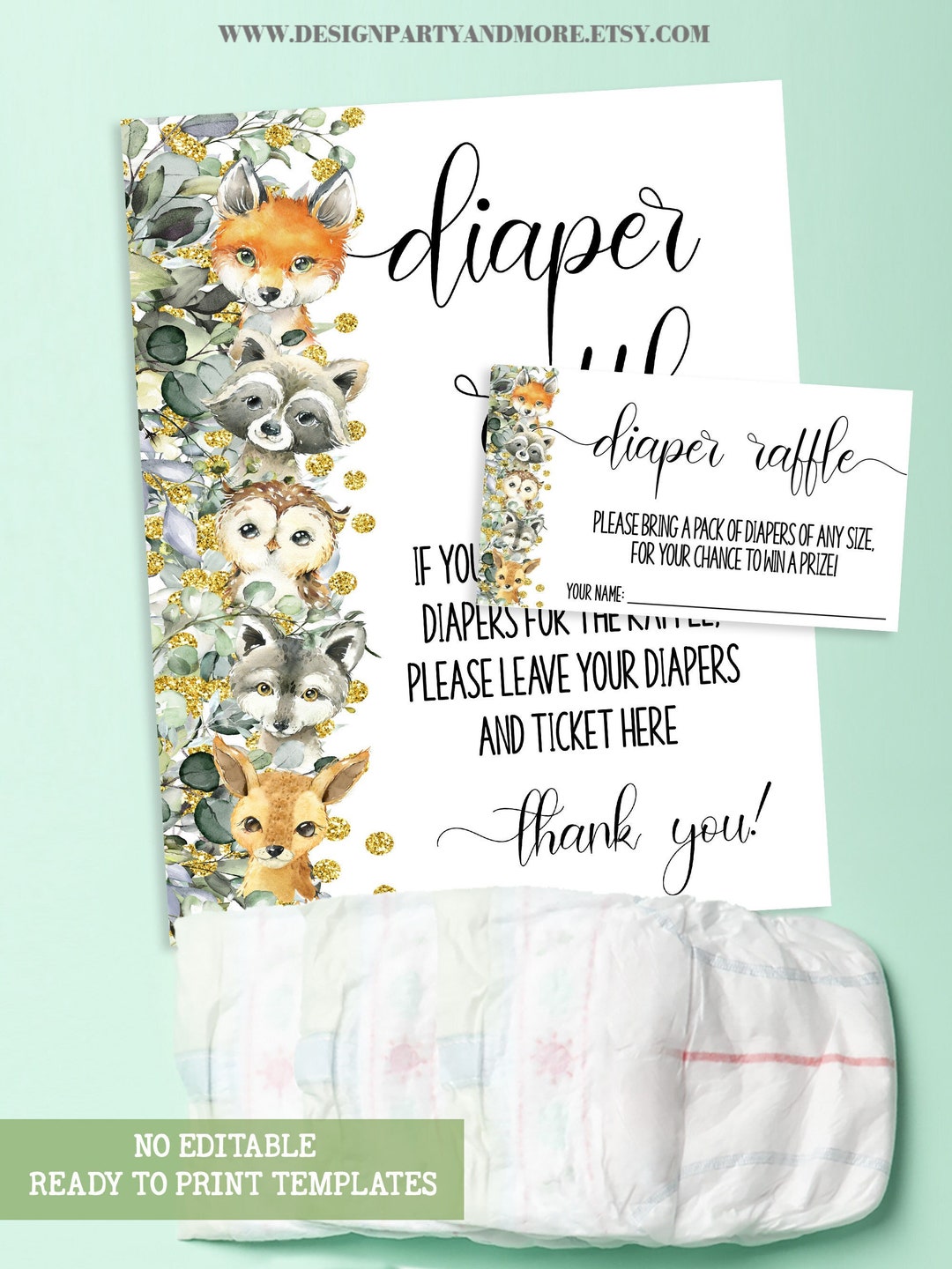 Forest Animals Diaper Raffle Ticket & Sign Game Bring Diapers for Prize ...