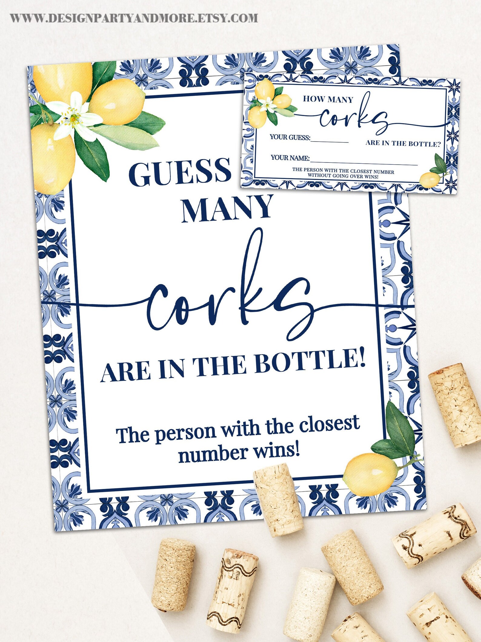 Mediterranean Blue Lemon Bridal Shower Game: Guess How Many Corks ...