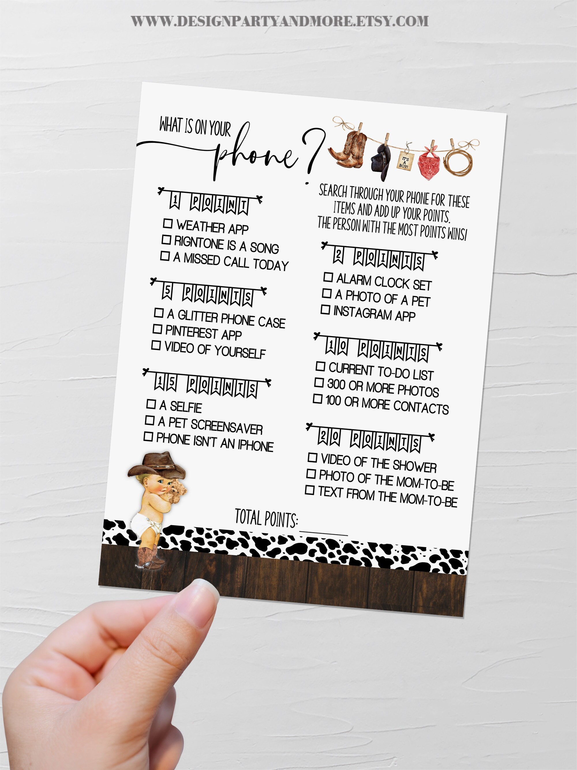 Cowboy What is on Your Phone Baby Shower Game, Cow Country Western Chic ...