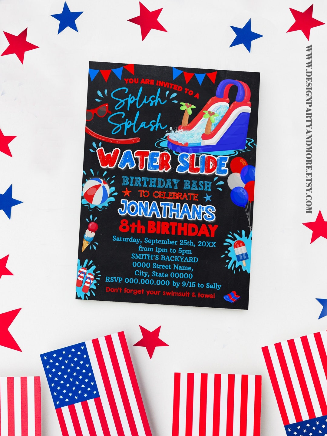 Red White & Blue Splish Splash Waterslide Birthday Bash Invitation ...