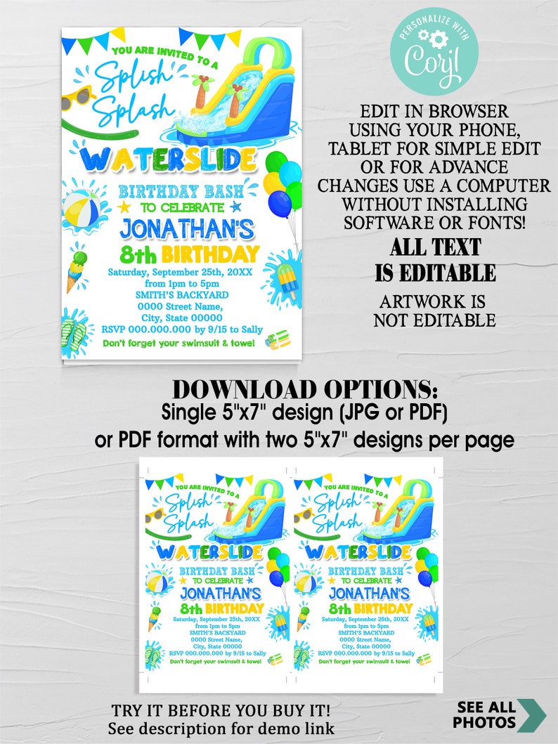 Splish Splash Waterslide Birthday Bash Invitation Splish Splash Water Summer Bash Children Blue ...