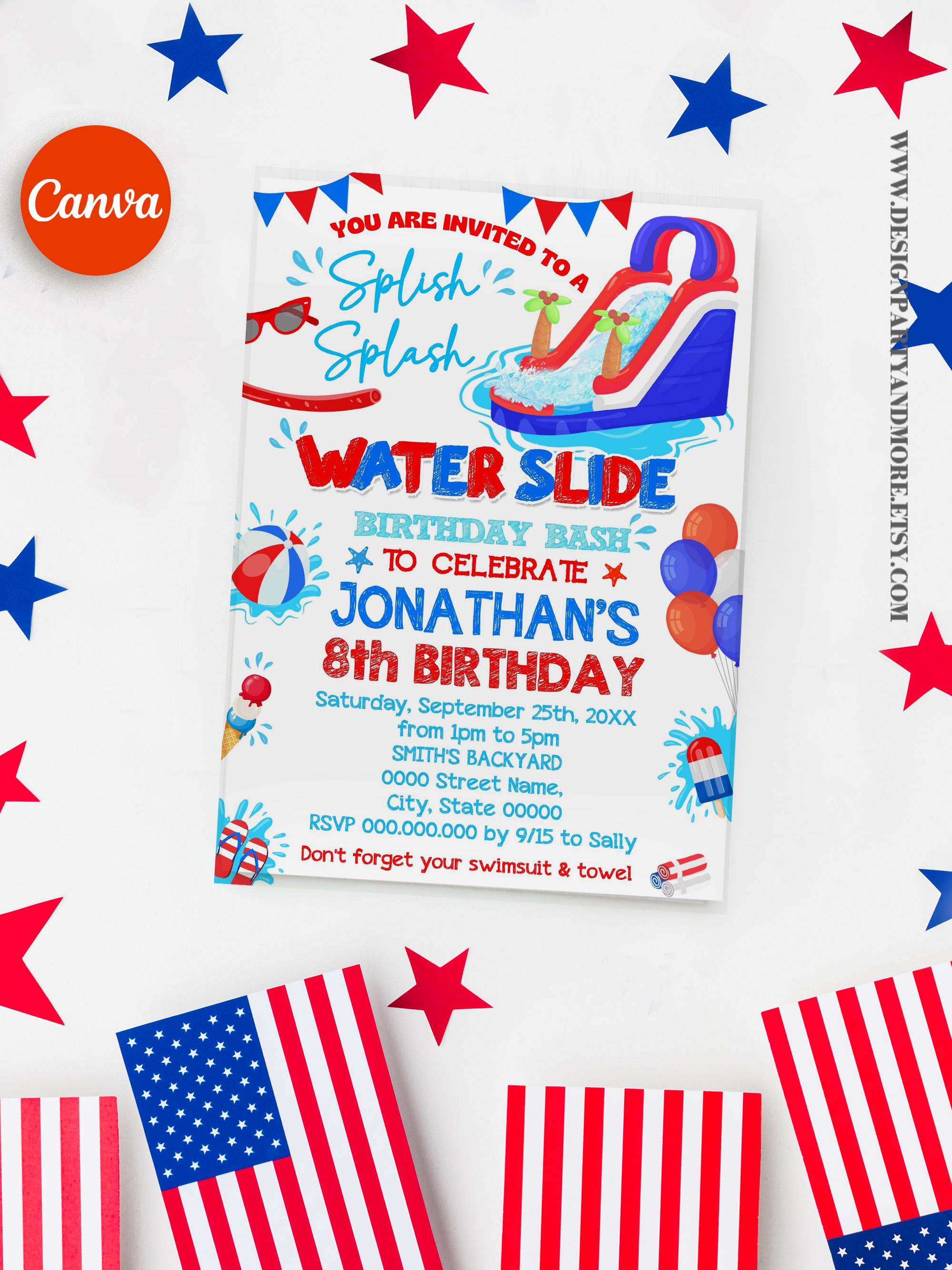 Patriotic Waterslide Birthday Invitation, Red, White, and Blue Summer ...
