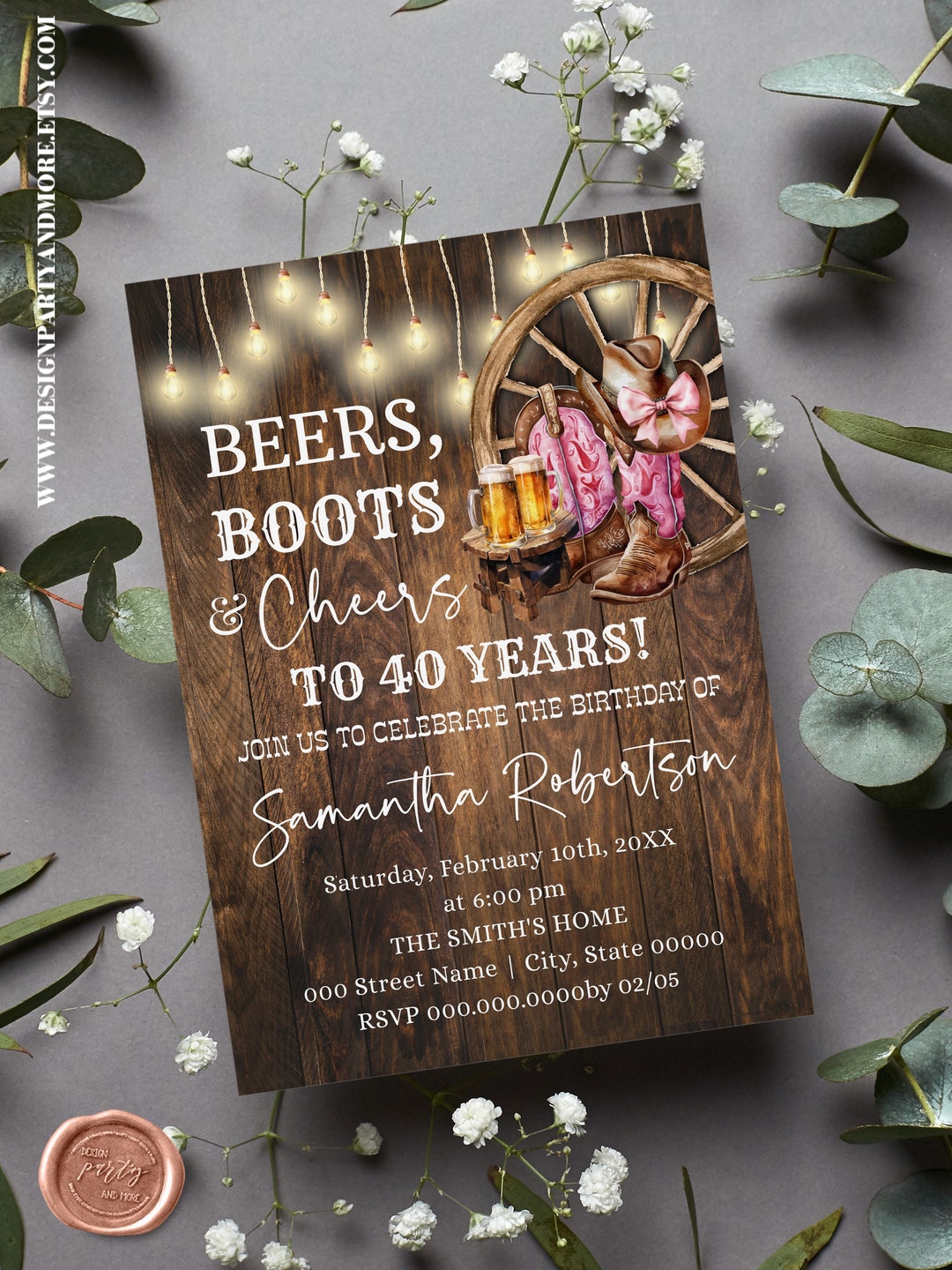 Pink Western Beer Boots & Cheers Birthday Party Invitation, Country Rustic Wood Cowgirl Digital ...