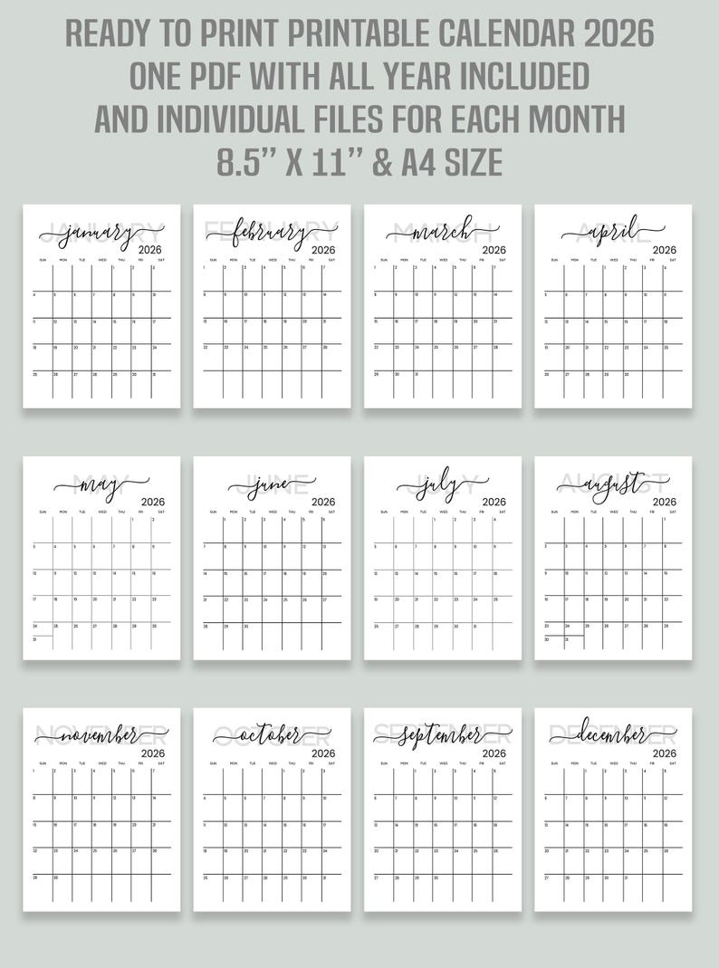 Minimalist 2026 Calendar Portrait Letter & A4, Monthly Pages and Year ...