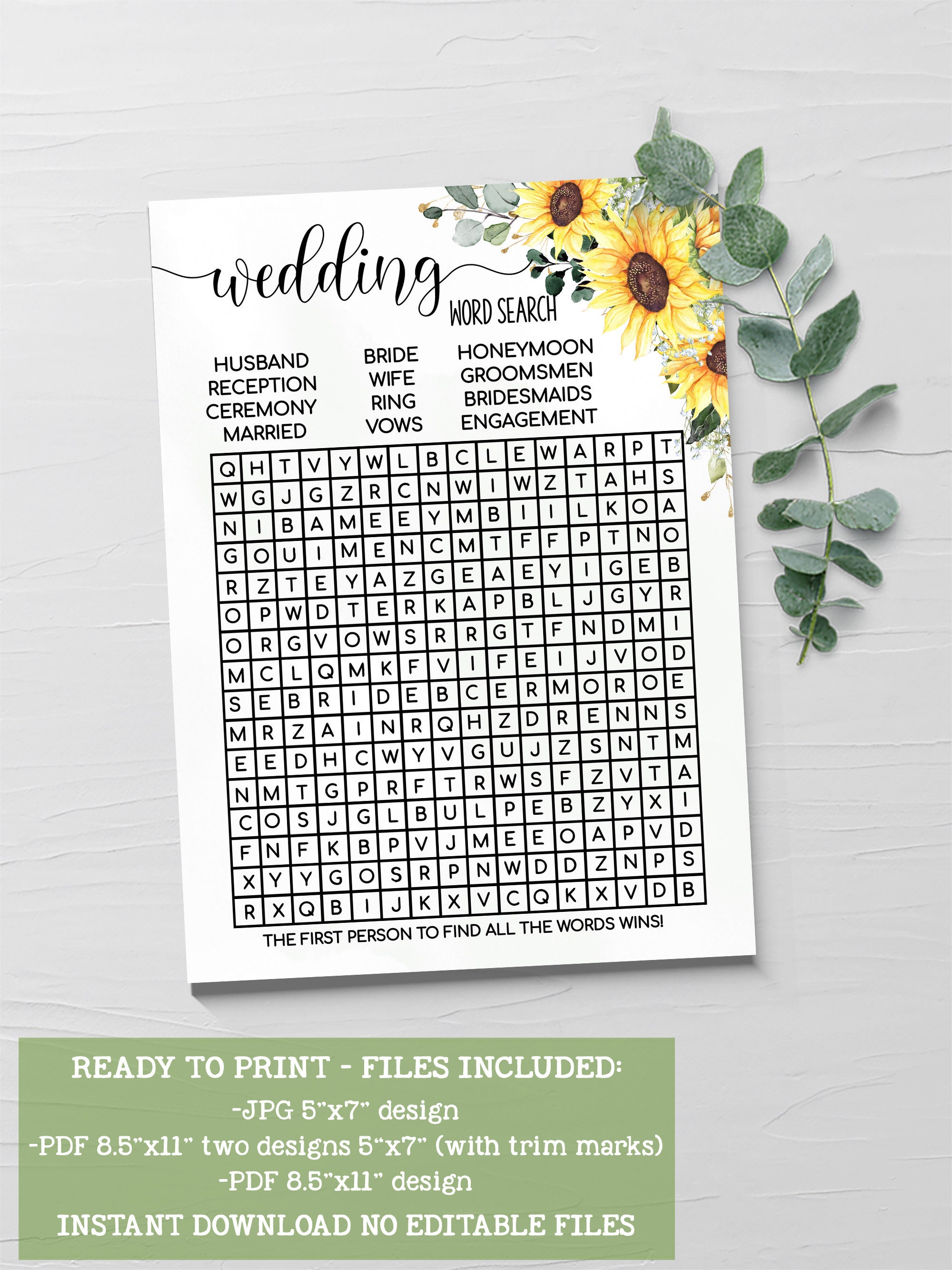Wedding Word Search Bridal Shower Game, Sunflowers Greenery Country ...
