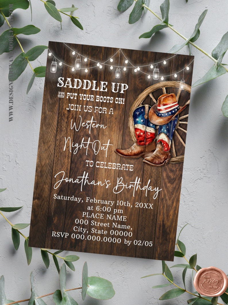 Patriotic Western Night Out Birthday Party Invitation, Saddle up Put ...